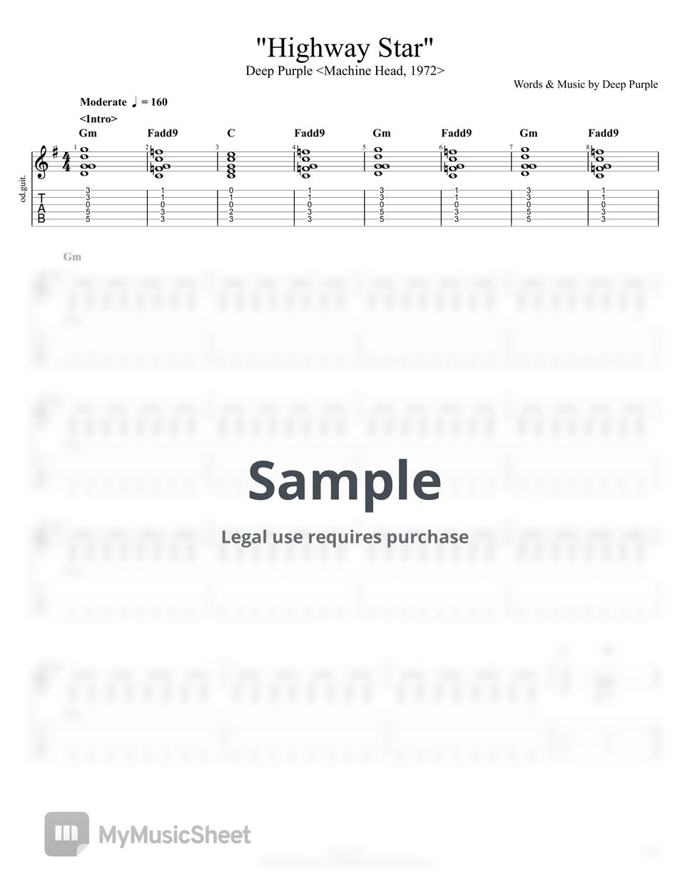 Deep Purple - Highway Star Tab + 단선 악보 by Jazzy1120