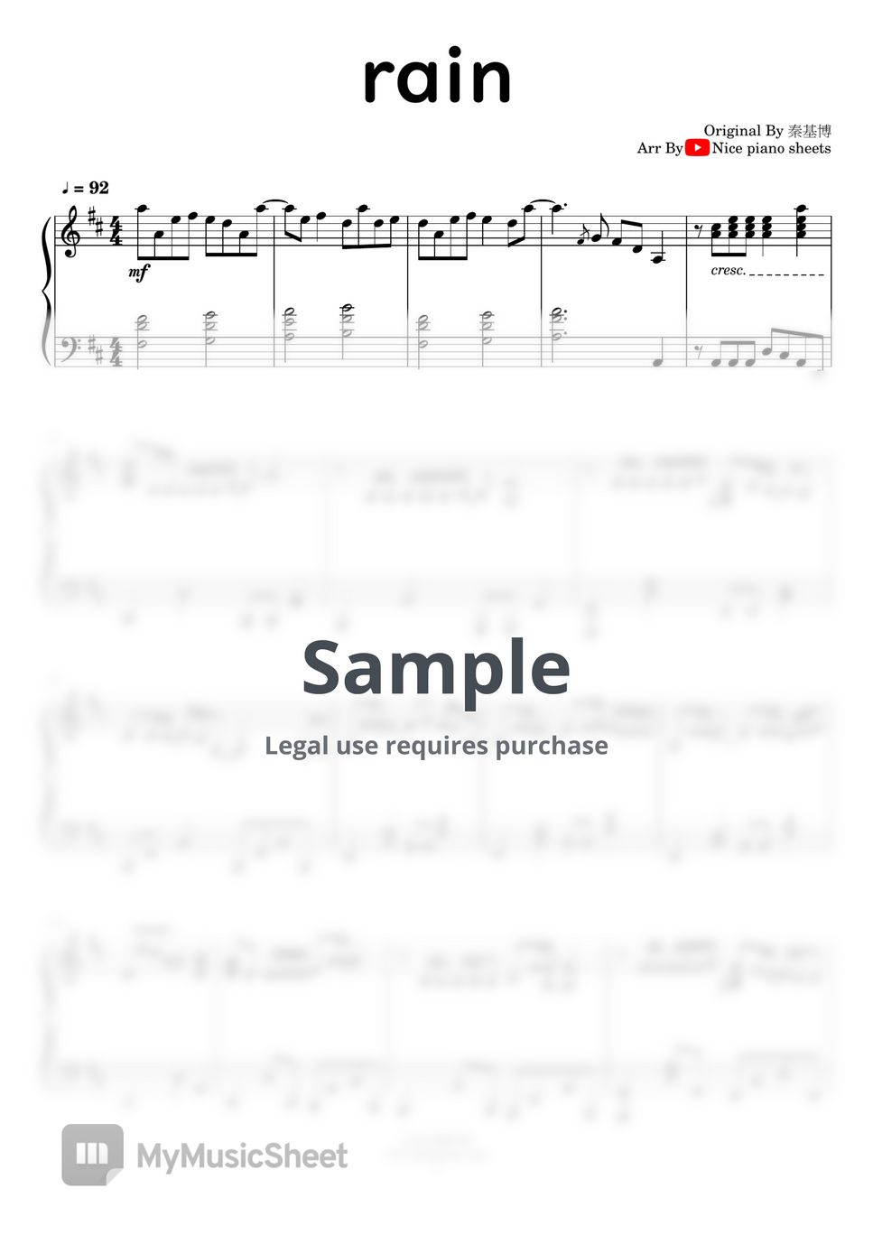 秦基博 - Rain (Miho Ishikawa Ver.) Sheet Music by Nice piano sheets