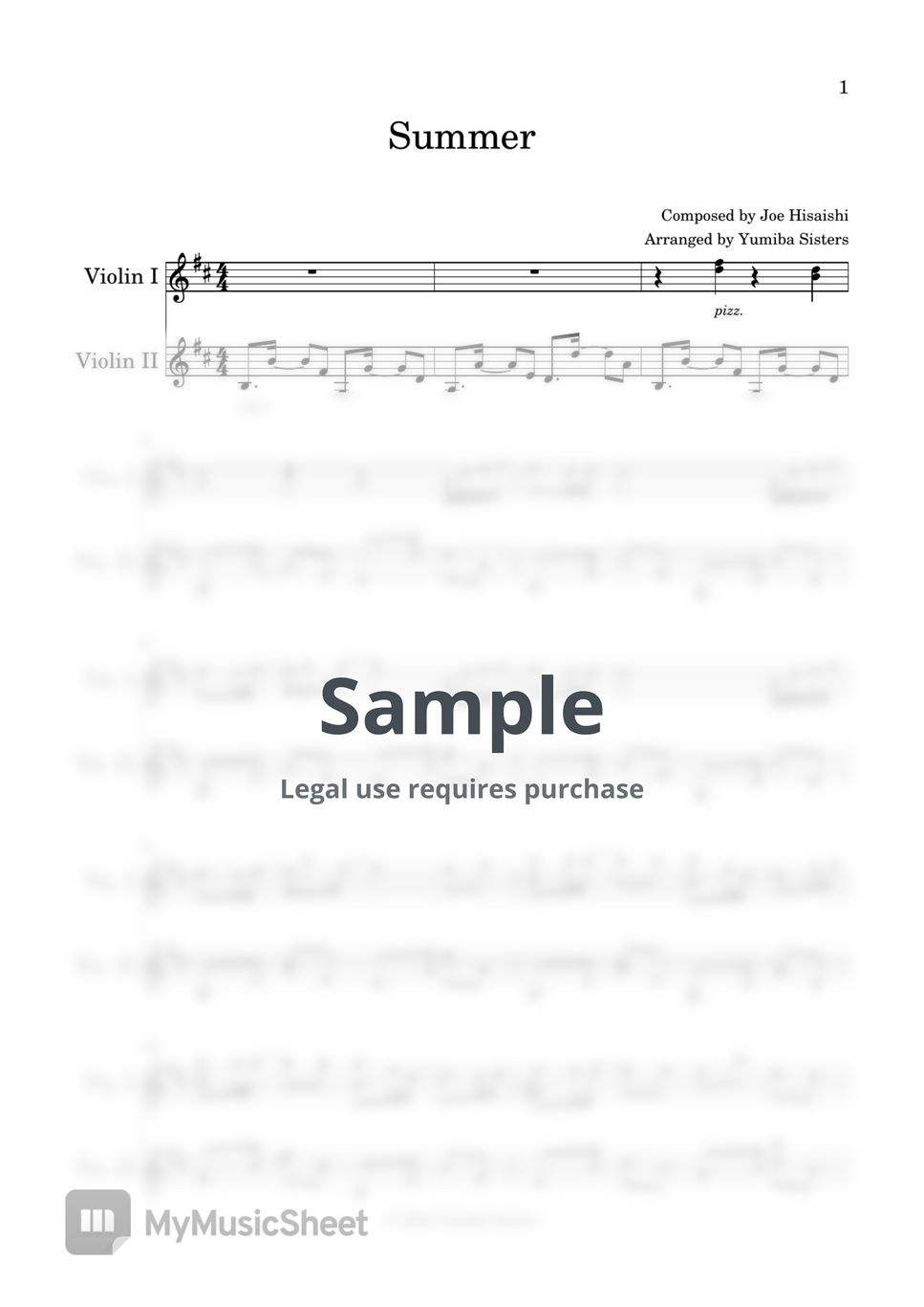 Joe Hisaishi - Summer (2 Violins / Violin Duo (Score and Parts)) Sheet ...