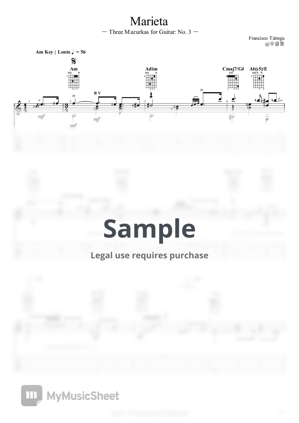 F. Tarrega(타레가) - Marieta(Mazurka No.3) Acoustic Guitar TAB+1 Staff PDF ...