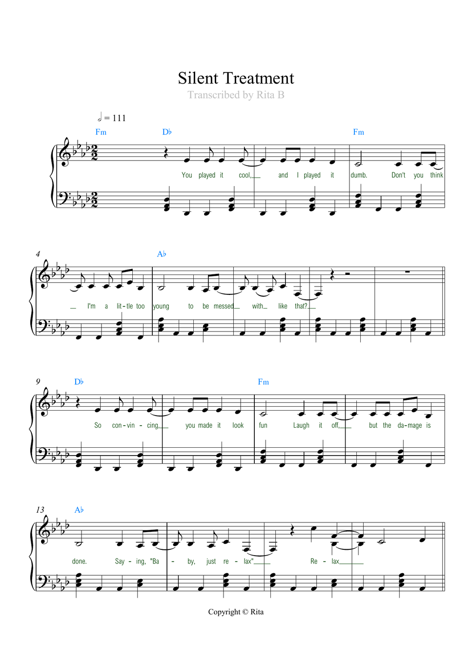 Freya Skye - Silent Treatment (lyrics) Piano Sheet Music PDF | Rita B ...