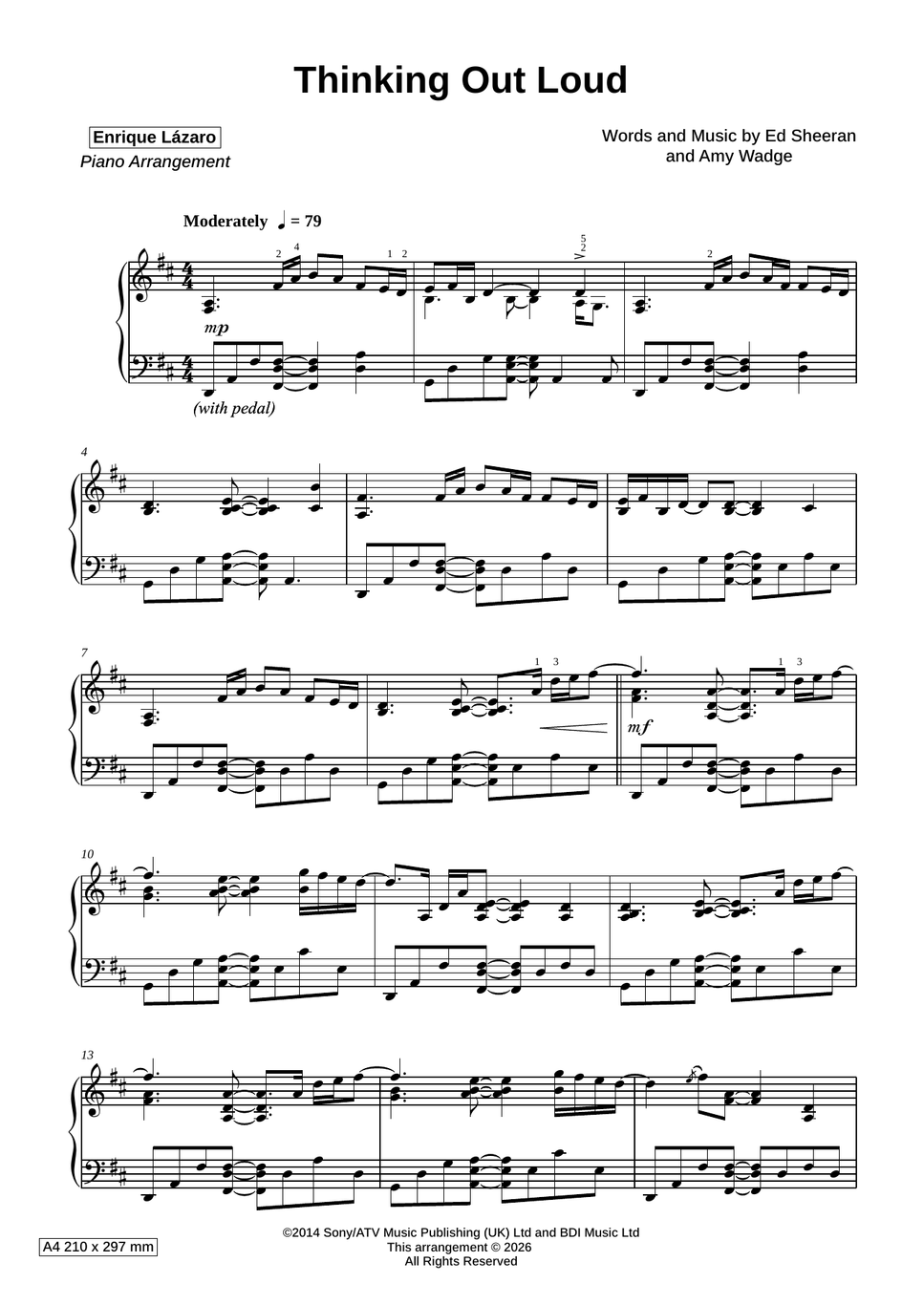 Ed Sheeran - Thinking Out Loud (シンキング・アウト・ラウド) ピアノ楽譜PDF | Enrique ...