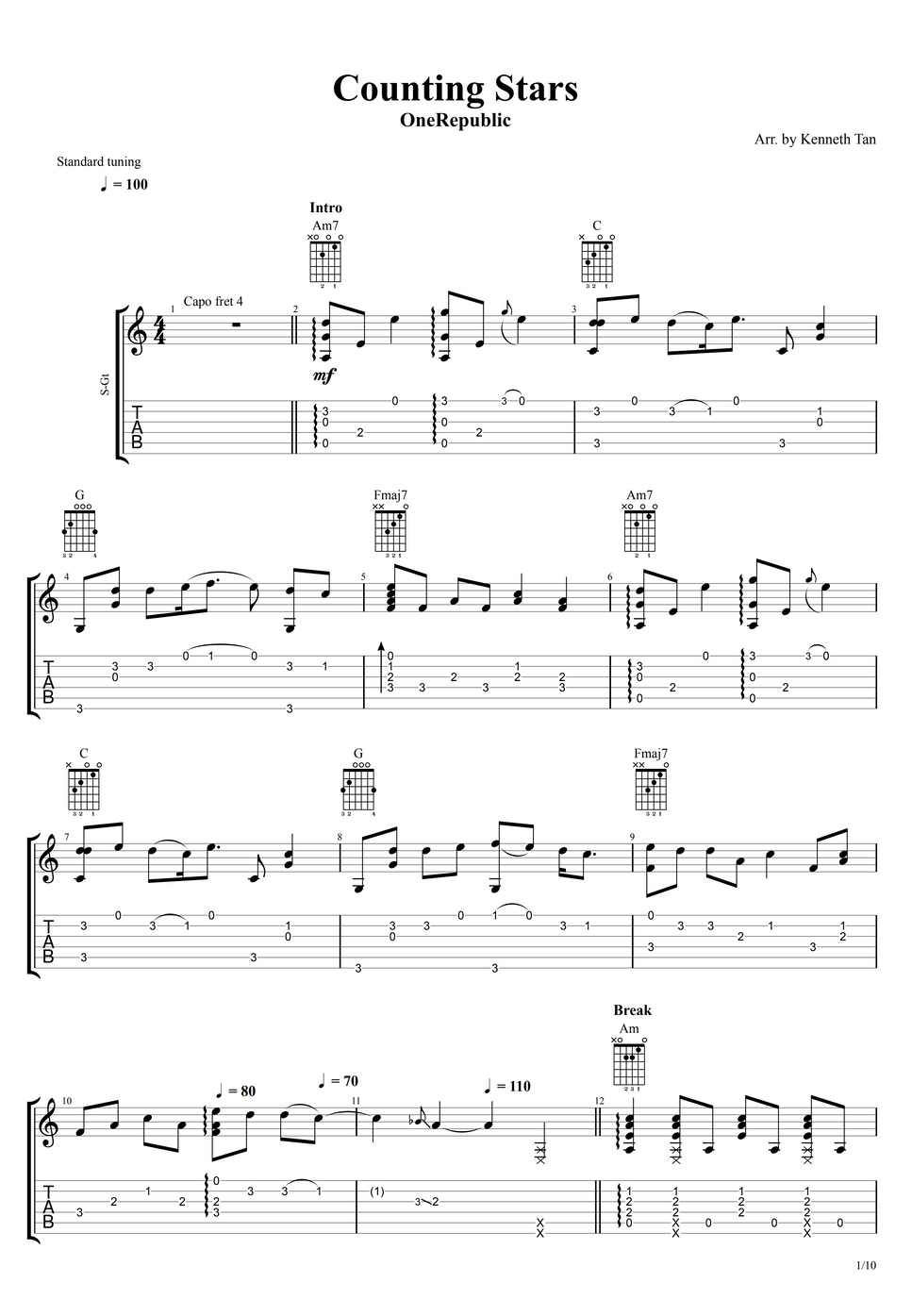 OneRepublic | Fingerstyle Guitar - Counting Stars TAB by Kenneth Acoustic