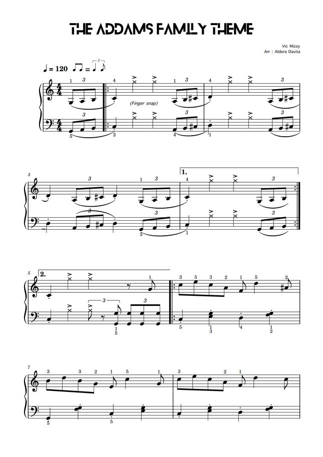 Vic Mizzy - The Addams Family Theme (Beginner Level) by Aldora Davita Sheet
