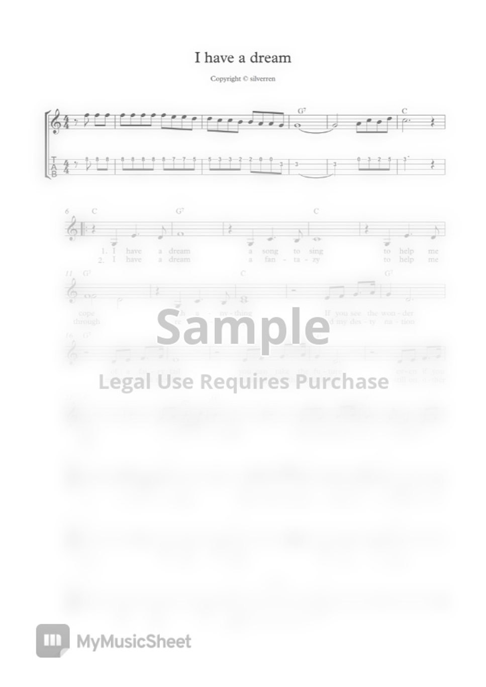 Mammamia - I have a dream (ABBA, MAMMAMIA) 우쿨렐레 코드,멜로디악보 (우쿨렐레) by 실버렌楽譜