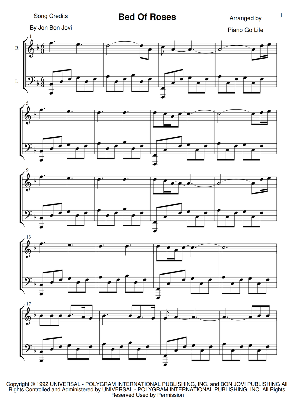 Bon Jovi - Bed Of Roses by Piano Go Life Spartito