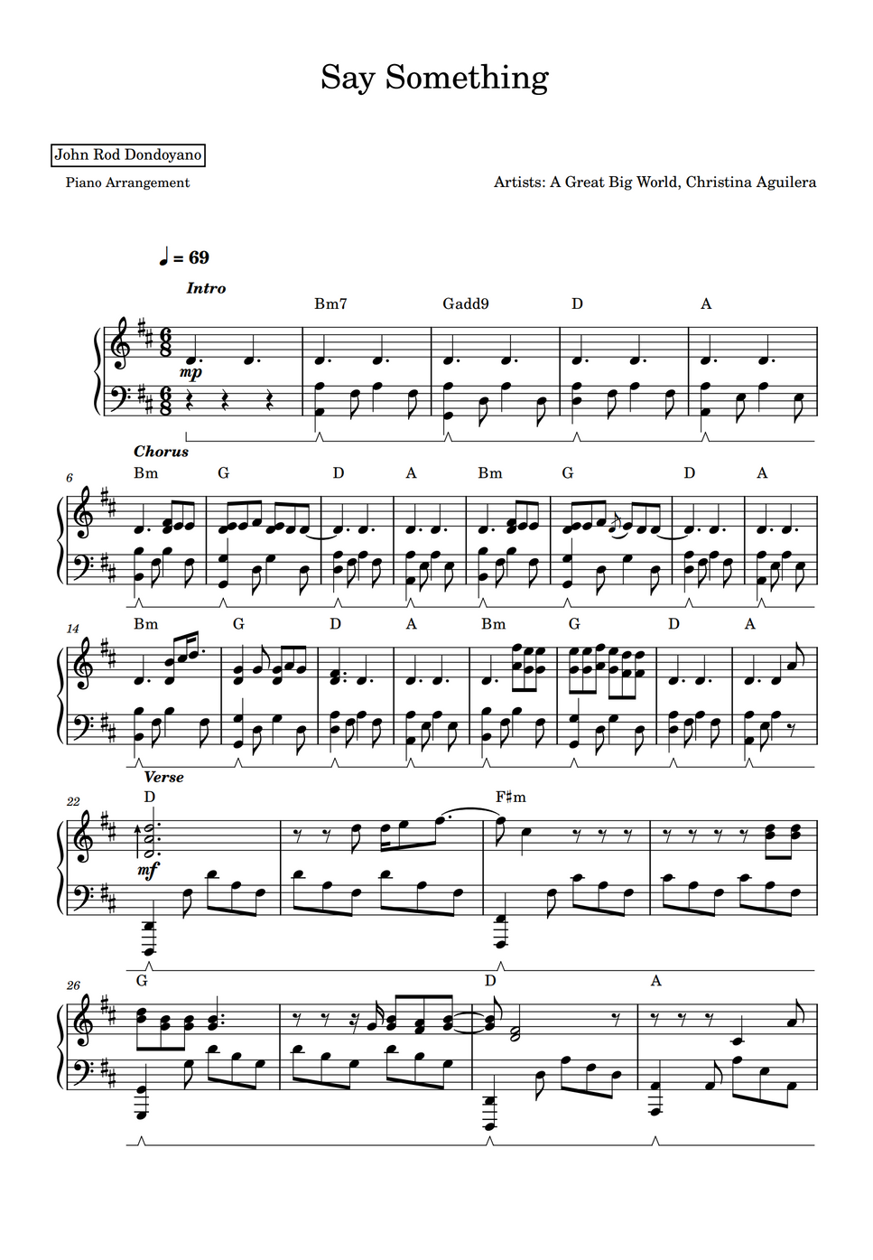 A Great Big World, Christina Aguilera - Say Something (PIANO SHEET ...