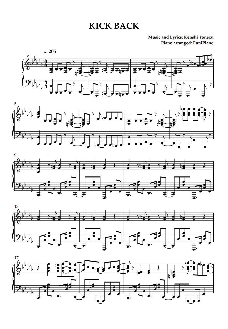 Kenshi Yonezu - KICK BACK by PuniPiano Sheet