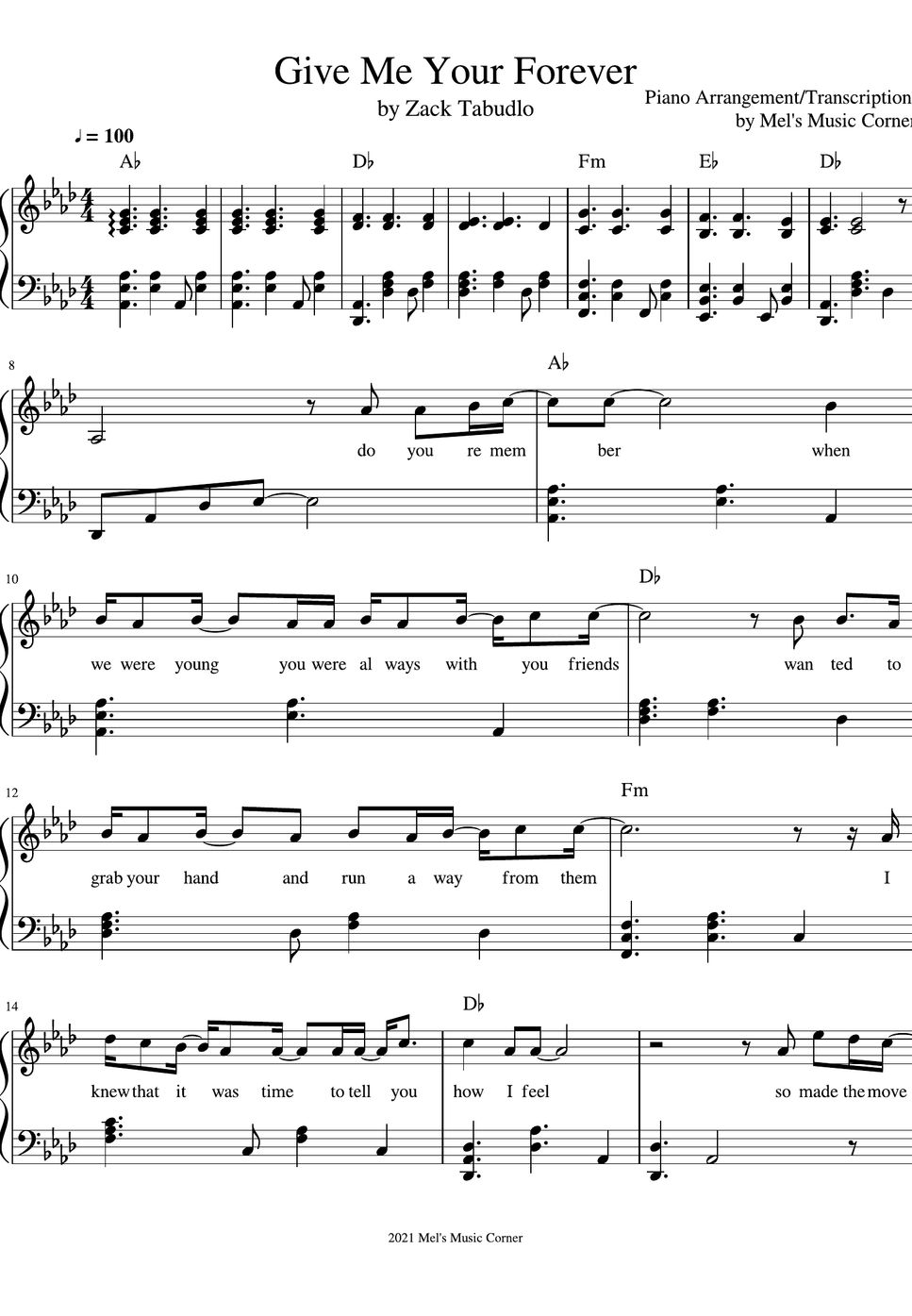 Zack Tabudlo - Give Me Your Forever (piano sheet music) แผ่น by Mel's Music Corner