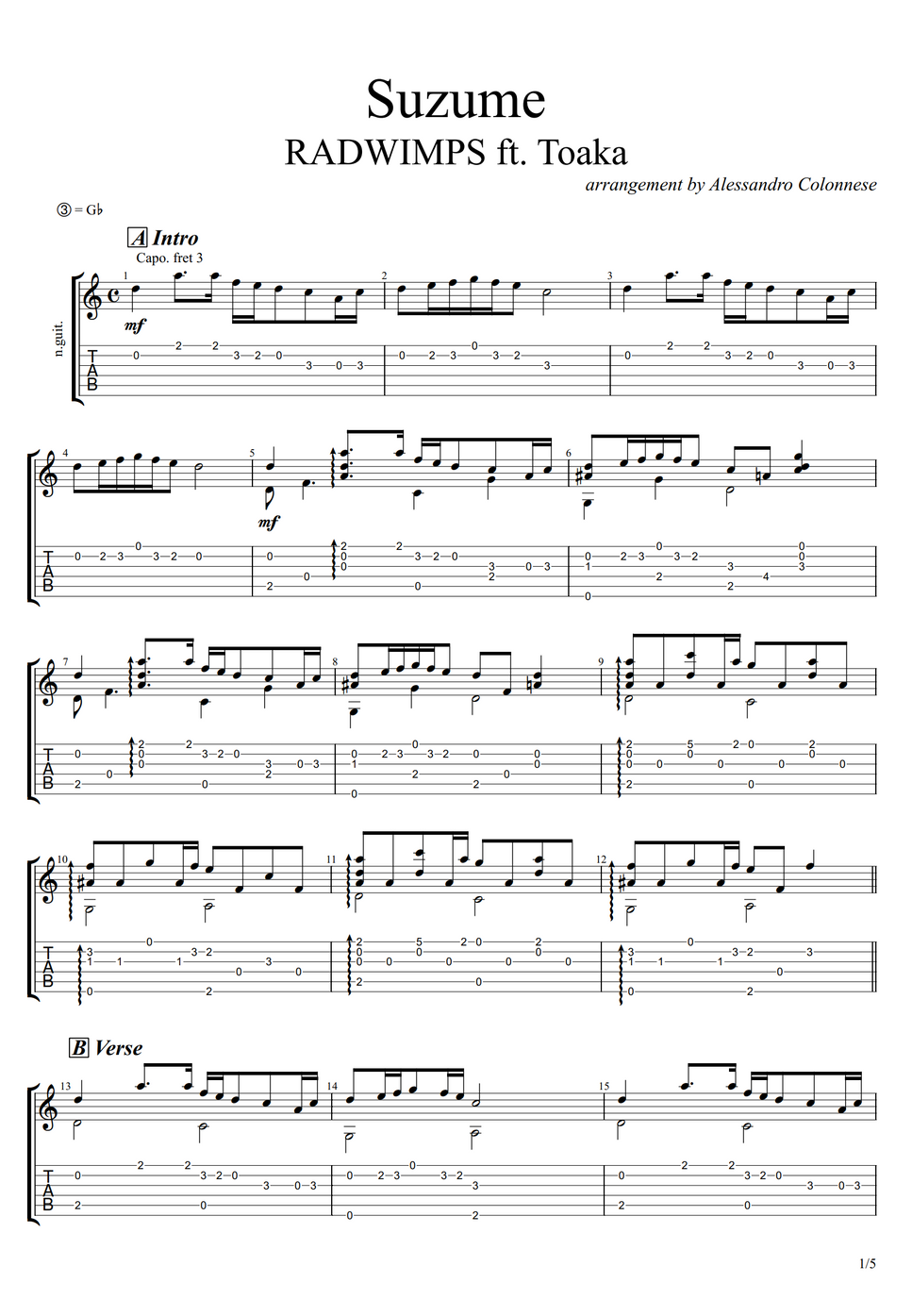 RADWIMPS ft. Toaka - Suzume (from Suzume no Tomari) by Alessandro Colonnese 樂譜 + 單線譜 樂譜