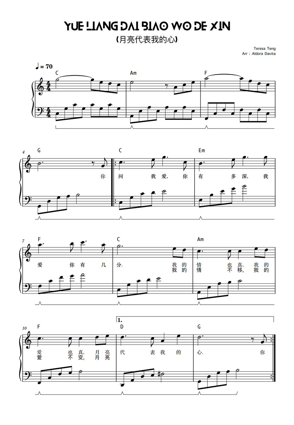Teresa Teng - Yue Liang Dai Biao Wo De Xin (月亮代表我的心) by Aldora Davita 악보