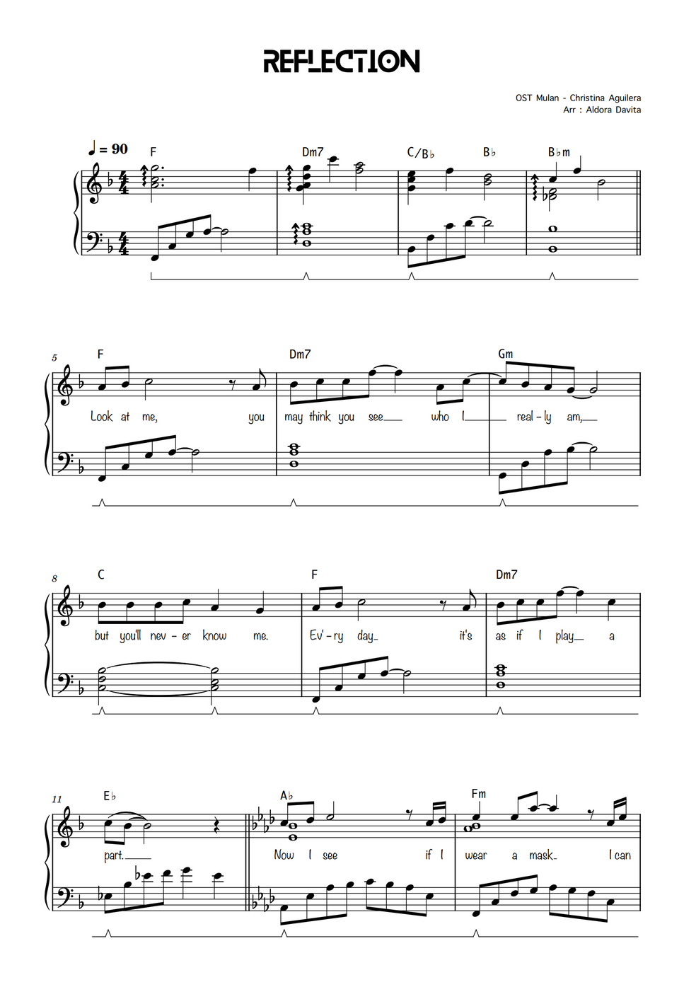 Christina Aguilera - Reflection (Original Key) by Aldora Davita Sheet