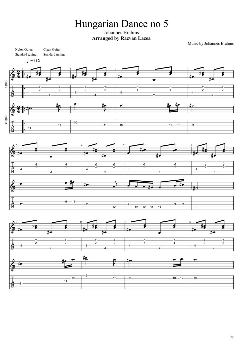 Johannes Brahms - Hungarian Dance no 5 (Guitar duet) TAB
