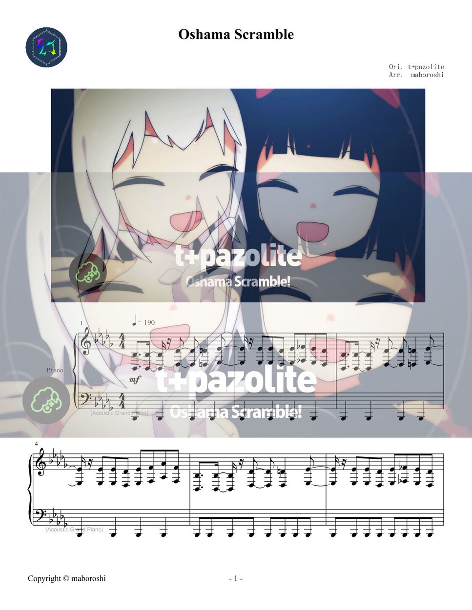 t+pazolite - 《Oshama Scramble!》 ｜ maimai人氣曲 / Piano version Sheets by maboroshi
