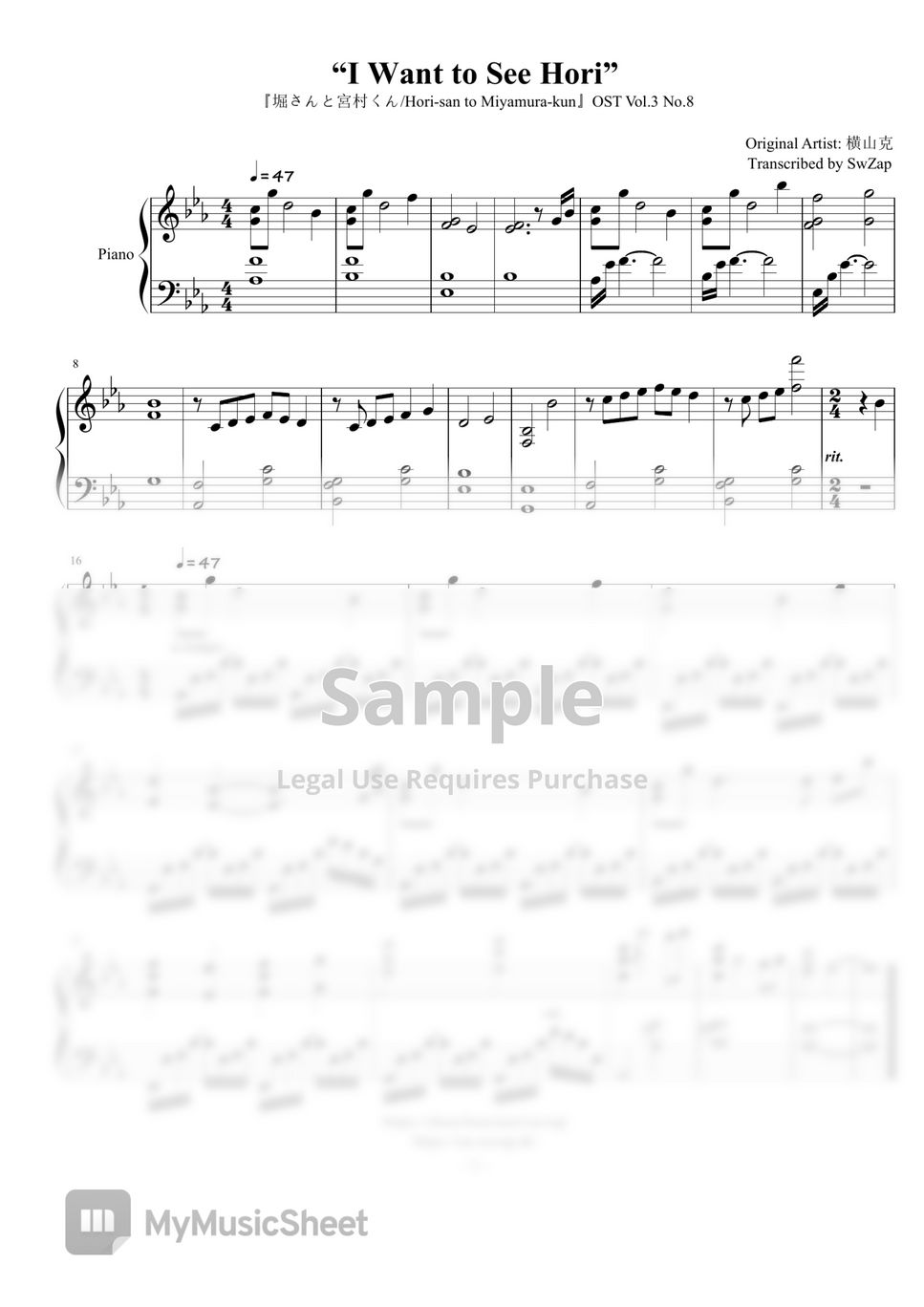 Hori-san to Miyamura-kun - I Want to See Hori (『堀さんと宮村くん』OST Vol.3 No.8) Notenblatt by SwZap