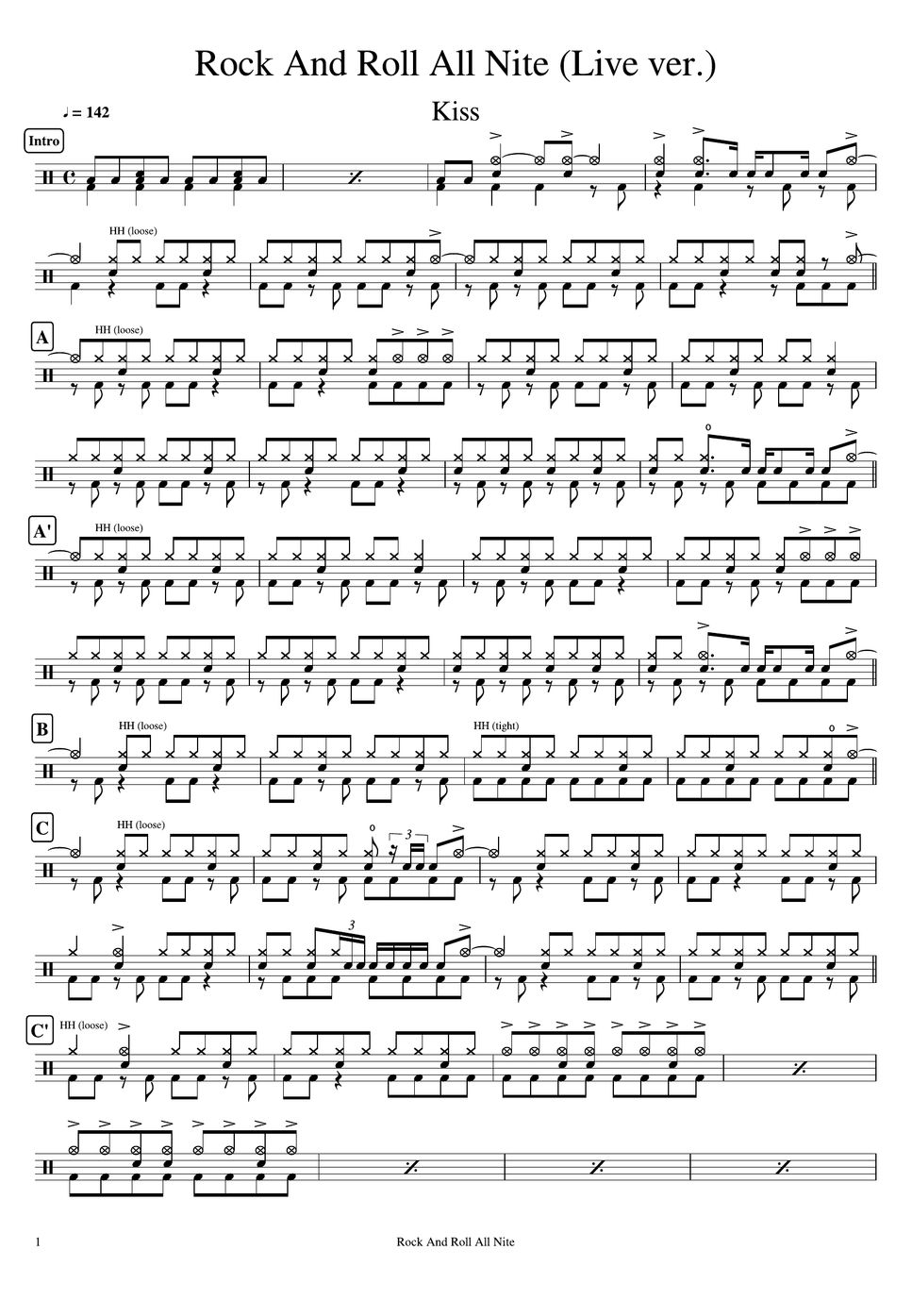 KISS - Rock And Roll All Nite (Live ver.) نوتة by Cookai's J-pop Drum ...