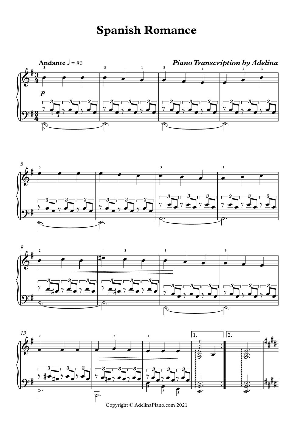 Spain music - Spanish Romance 楽譜 by Adelina Piano