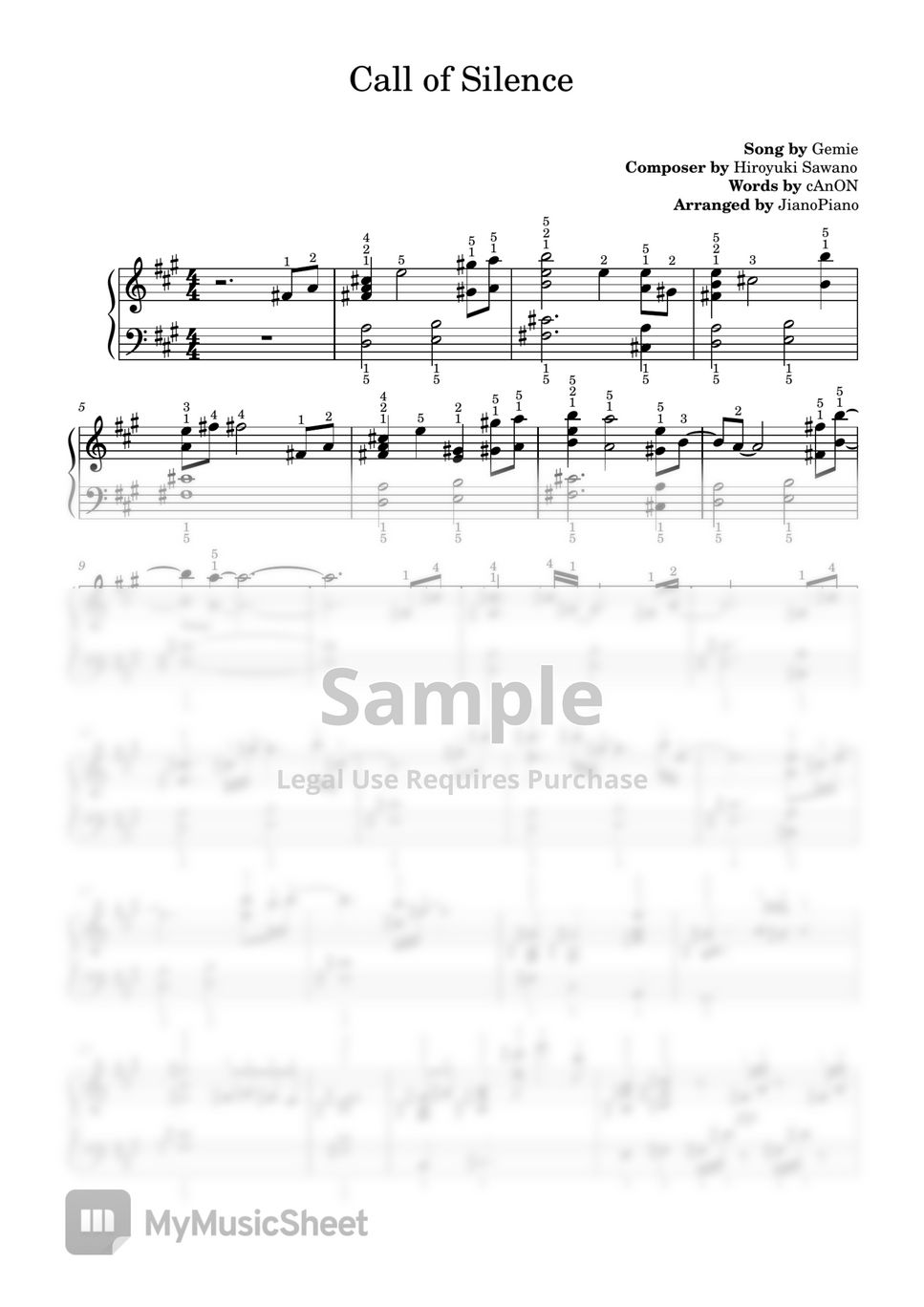 Hiroyuki Sawano - Call of Silence (임시표, 손가락번호 악보) Sheets by JianoPiano