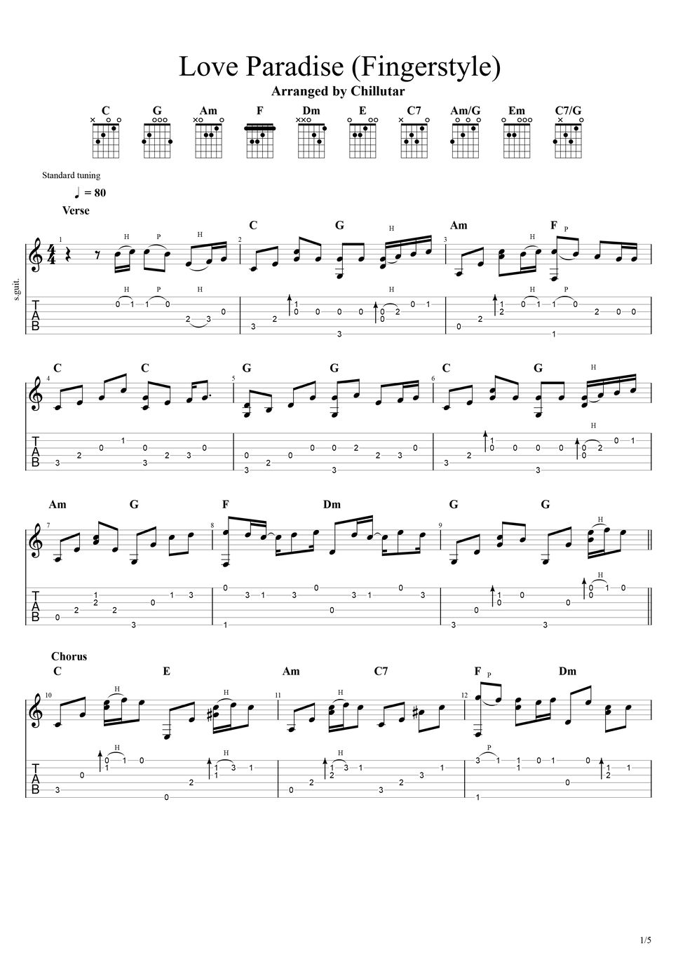 Kelly Chen - Love Paradise (Fingerstyle) Sheet Music by Chillutar