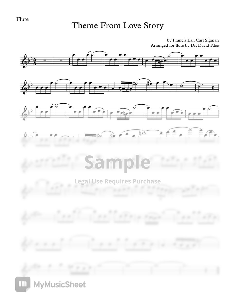 Francis Lai Carl Sigman Theme From Love Story Spartito By Dr David Klee