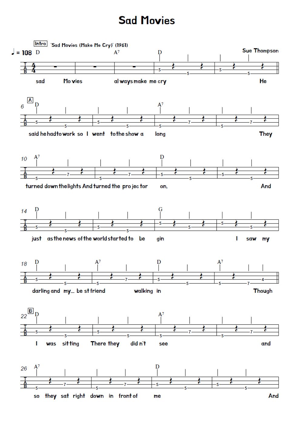 Sue Thompson - Sad Movies 악보 by 김미(Kimme)