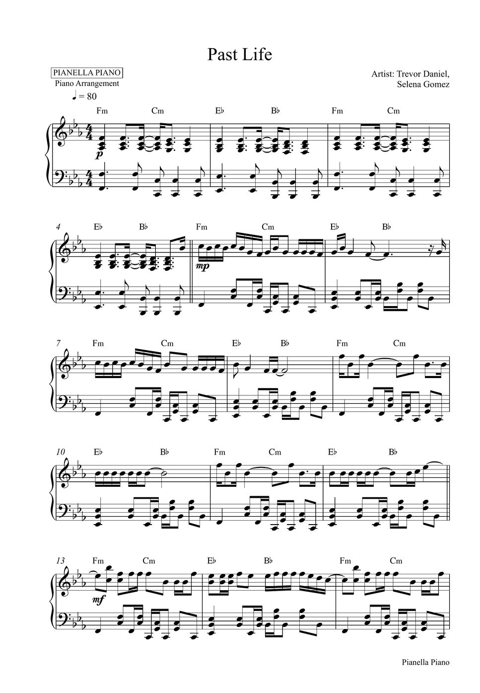 Trevor Daniel, Selena Gomez - Past Life (Piano Sheet) 樂譜 by Pianella Piano
