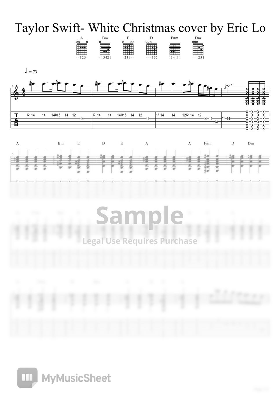 Taylor Swift - White Christmas guitar cover Tab + 1staff by eric lo