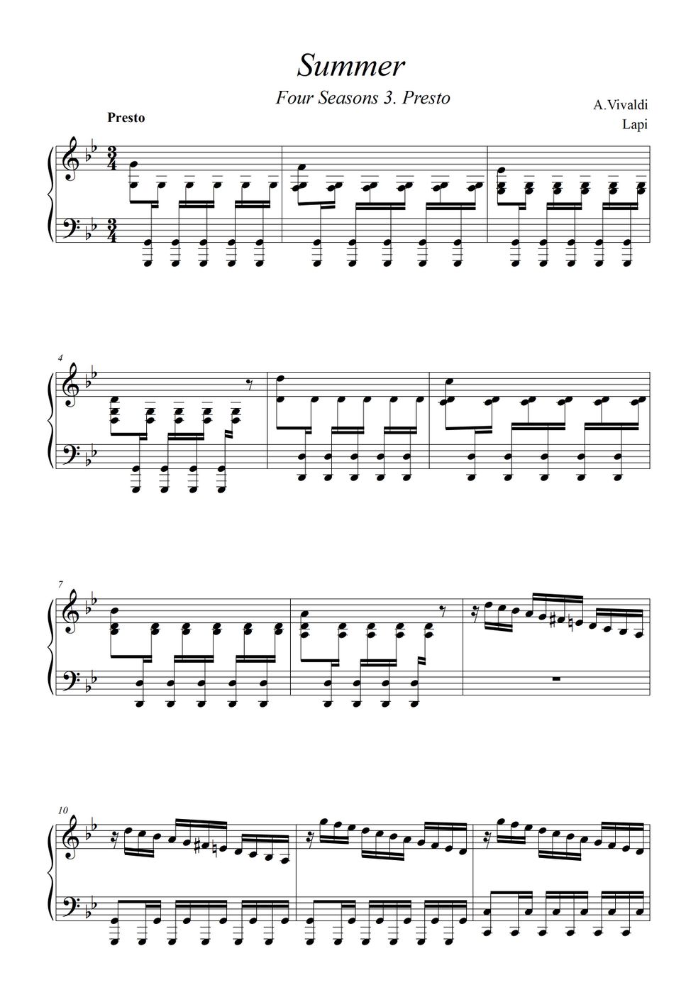 A.Vivaldi - Four Seasons - Summer (Piano Version) 악보 by Lapi