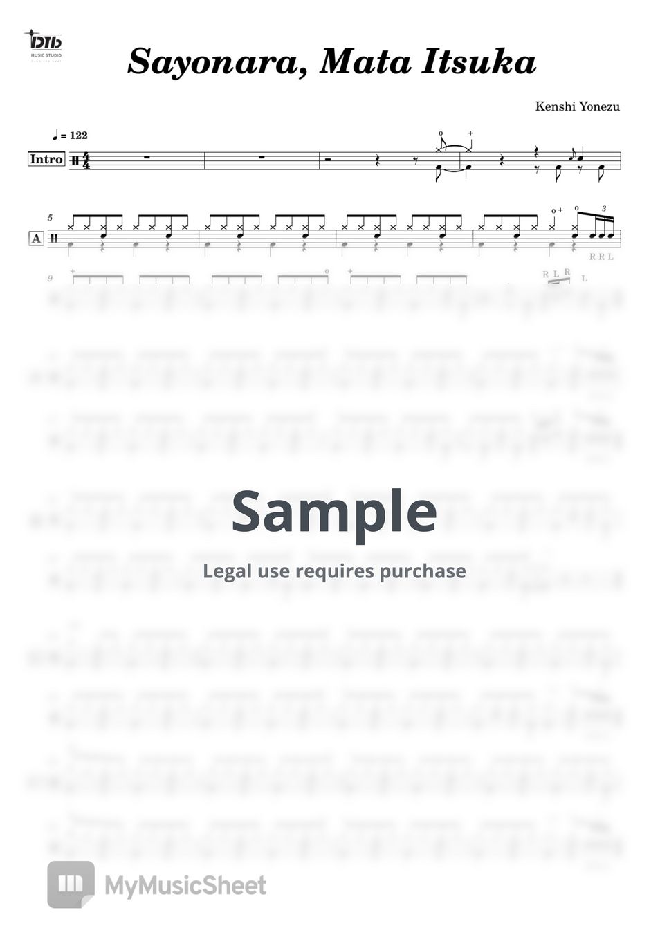 Kenshi Yonezu - Sayonara, Mata Itsuka Sheets by 디티비드럼전문학원