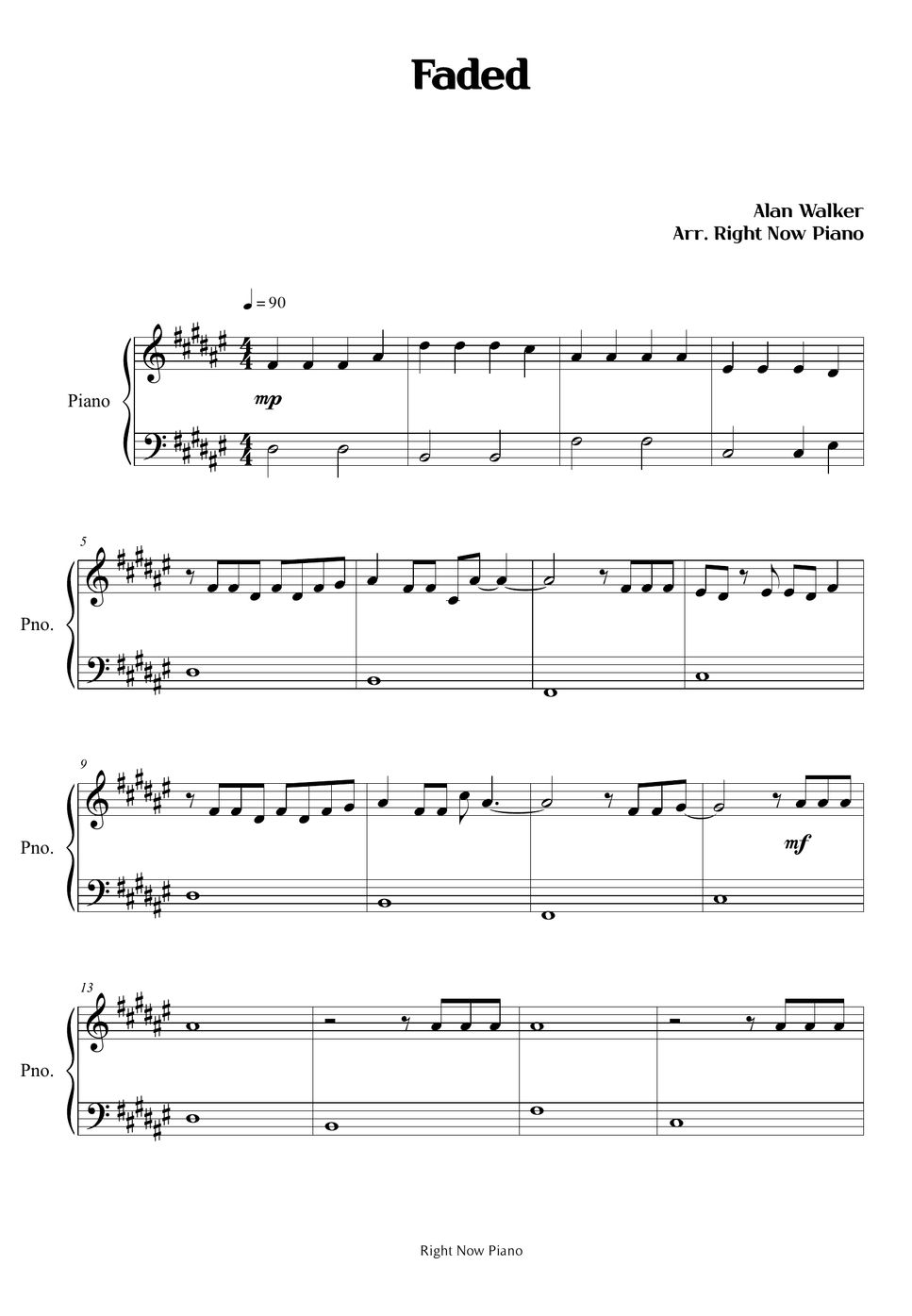 Alan Walker - Faded Partition musicale by Right Now Piano