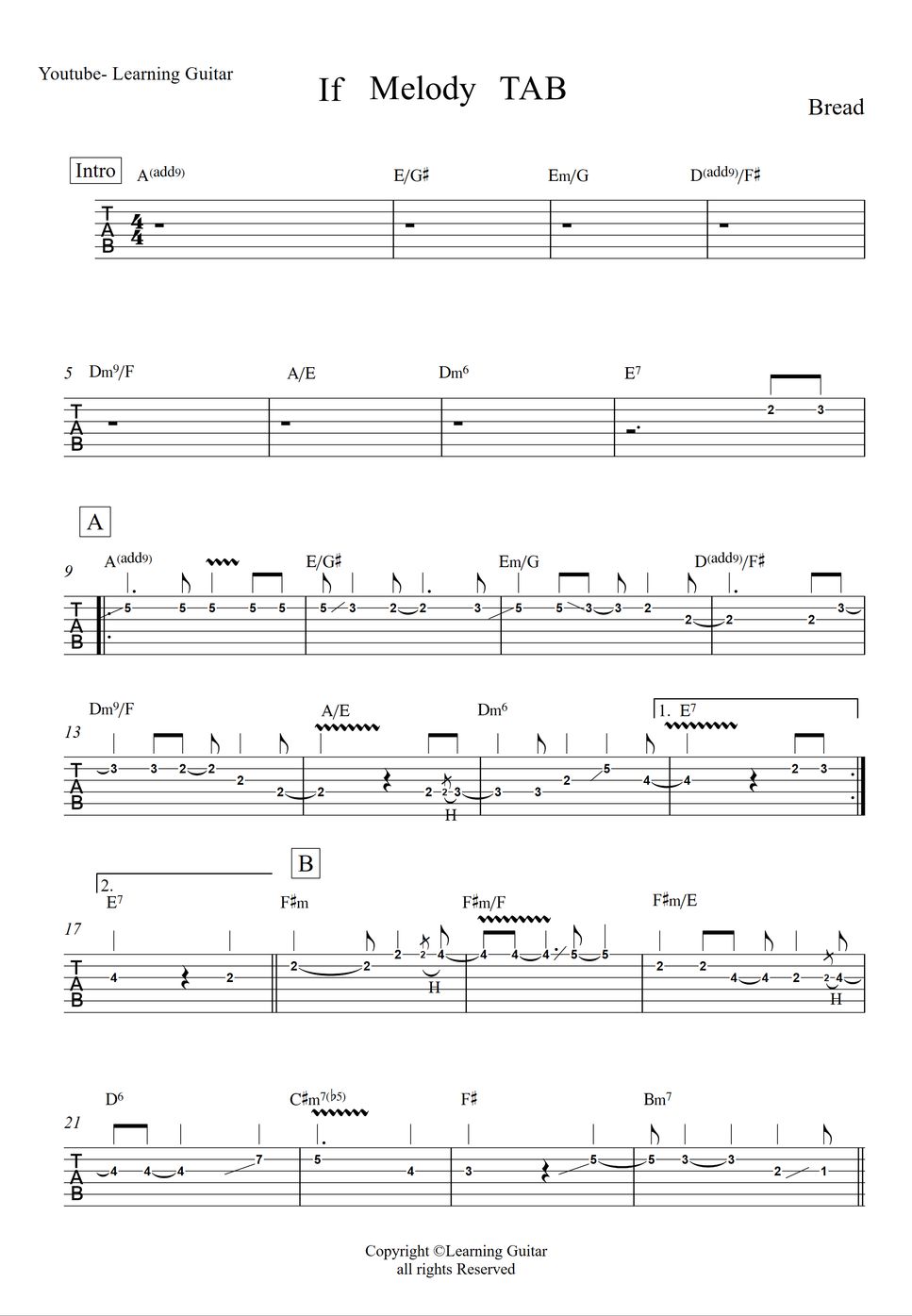 Bread - IF (Melody TAB) (guitar melody tab) 악보 by Learning Guitar