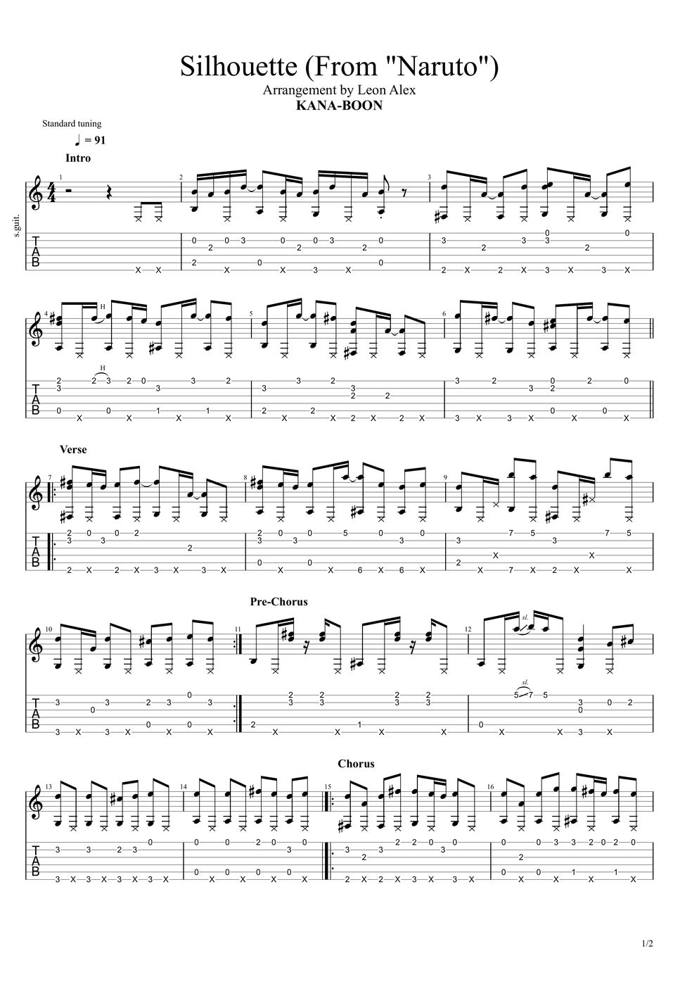 KANA-BOON - Silhouette (From "Naruto") (Fingerstyle) TAB by Leon Alex