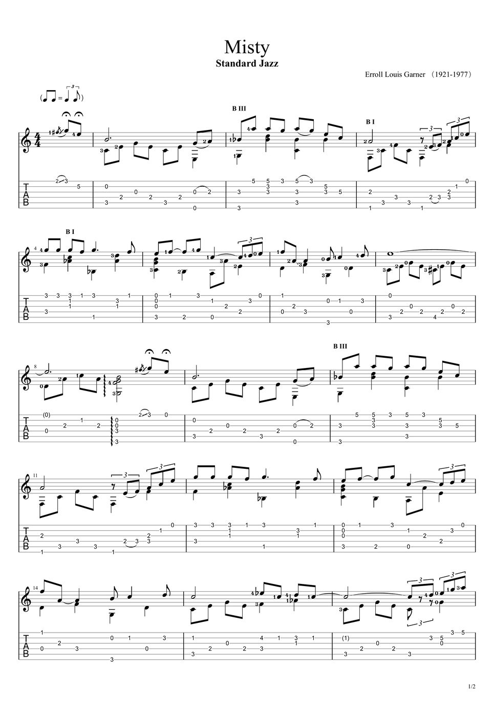 Erroll Garner - Misty-Guitar Fingerstyle (Jazz) TAB by anon