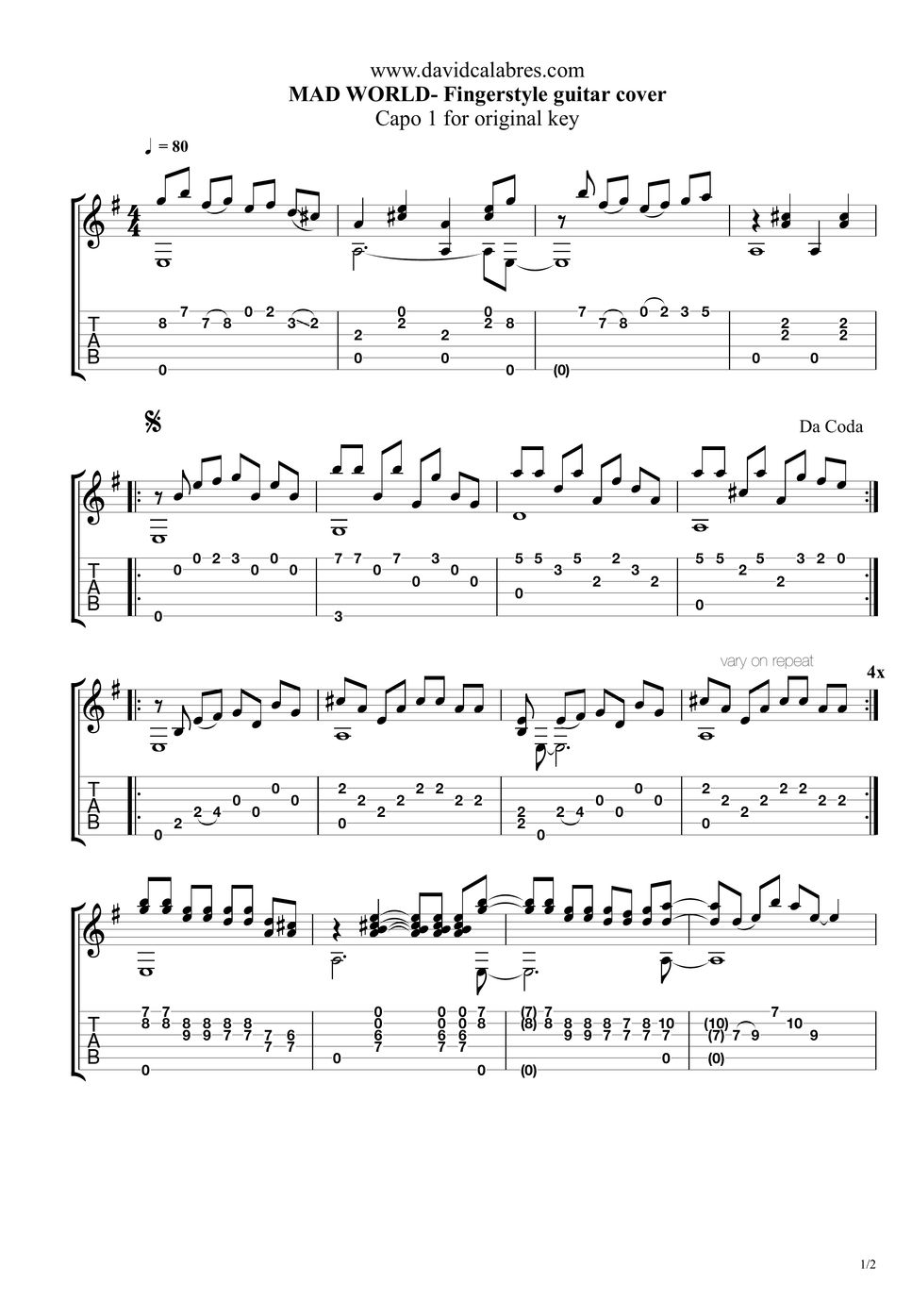 Gary Jules - Mad world TAB by David Calabrés