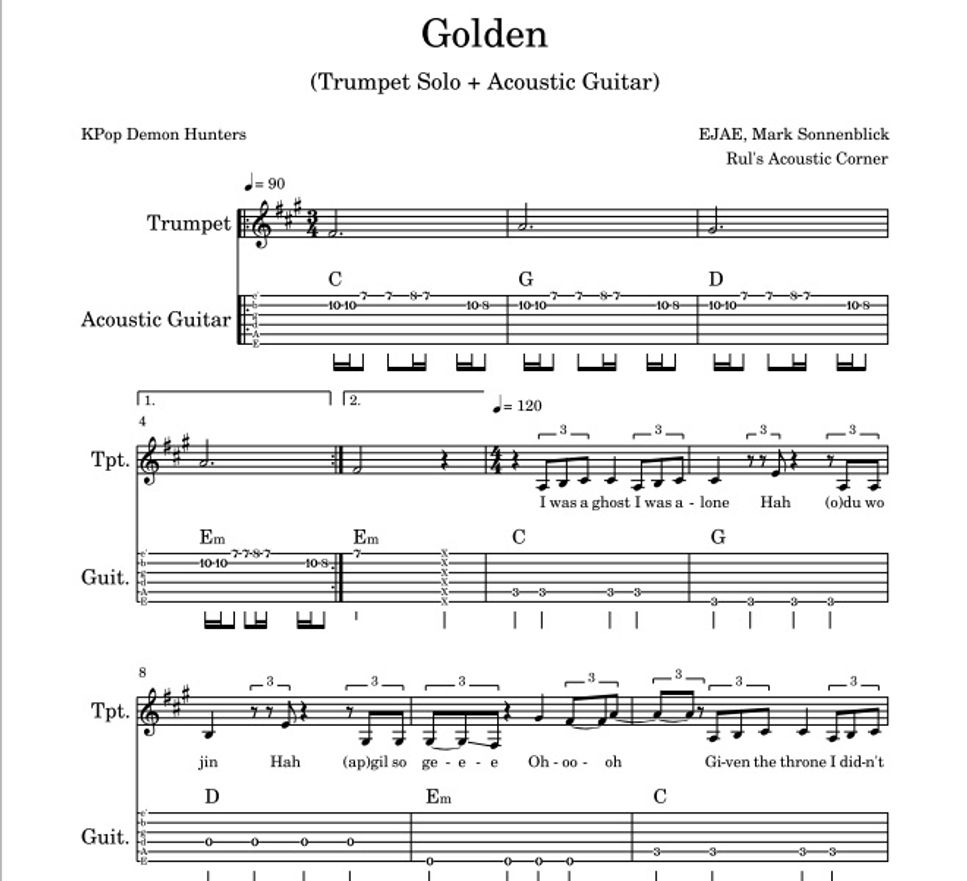 KPop Demon Hunters - Golden (Trumpet Solo + Acoustic Guitar sheet music ...