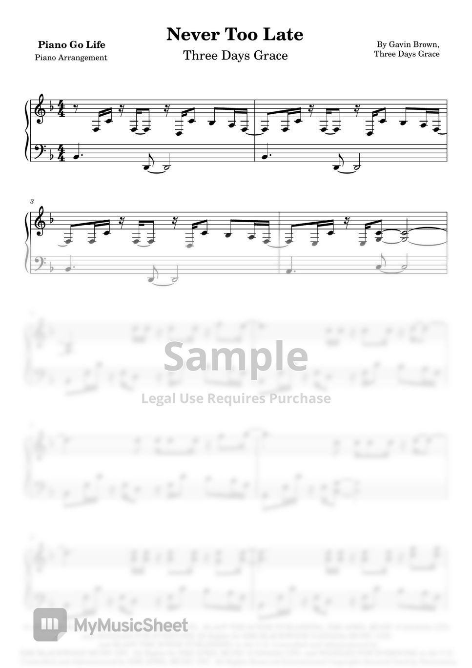 Three Days Grace - Never Too Late Sheet by Piano Go Life