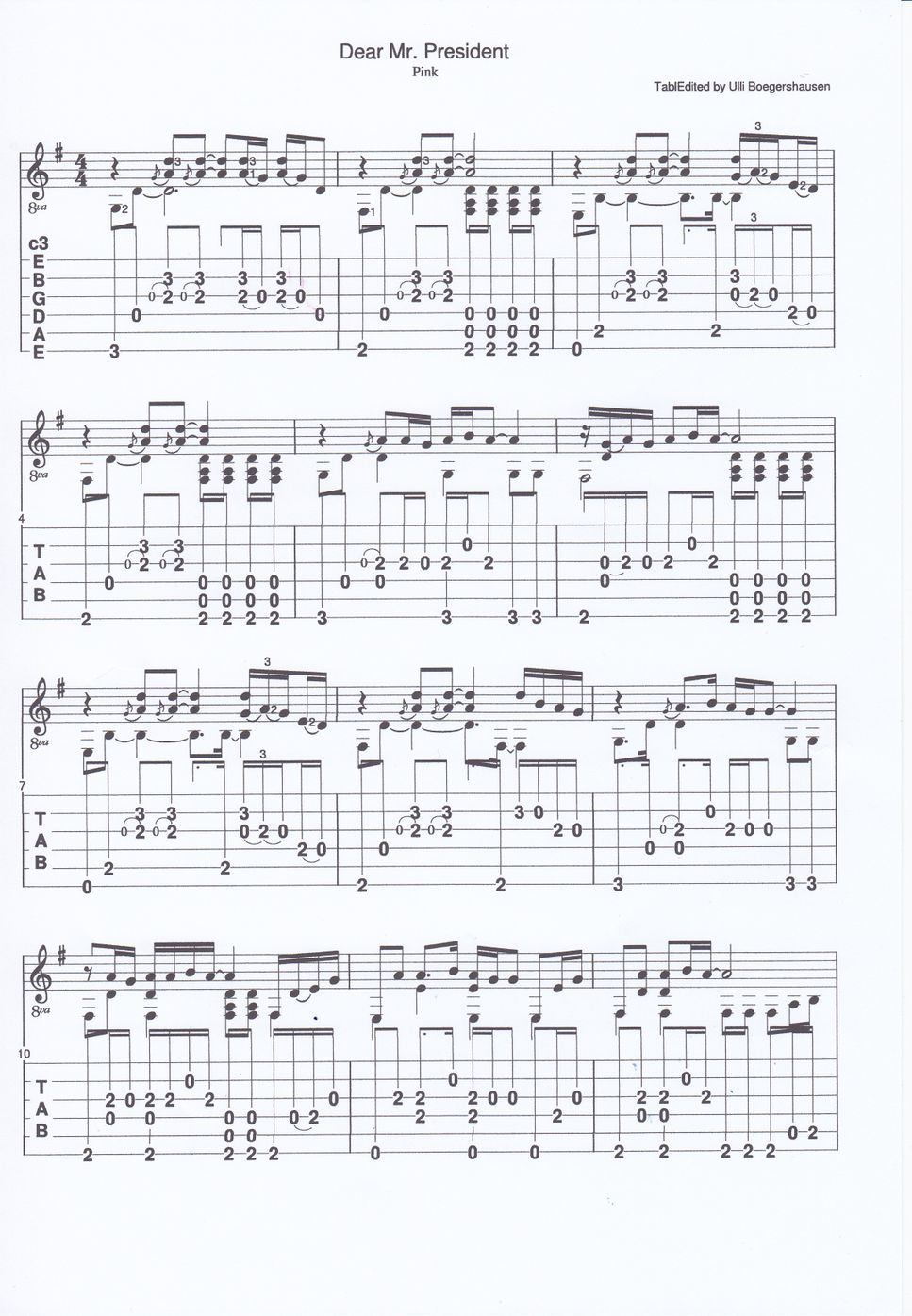 Pink - Dear Mr. President (fingerstyle guitar) Sheets by Ulli Boegershausen