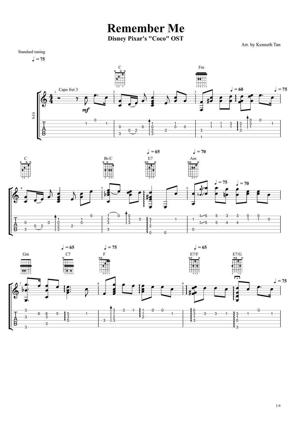 Disney Pixar's "Coco" OST | Fingerstyle Guitar - Remember Me TAB by Kenneth Acoustic