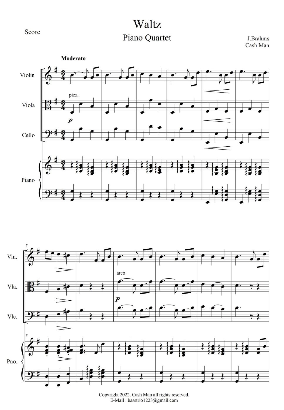J.Brahms - Waltz (Piano Quartet / Part Score / Full Score / Arr.) 楽譜 by ...