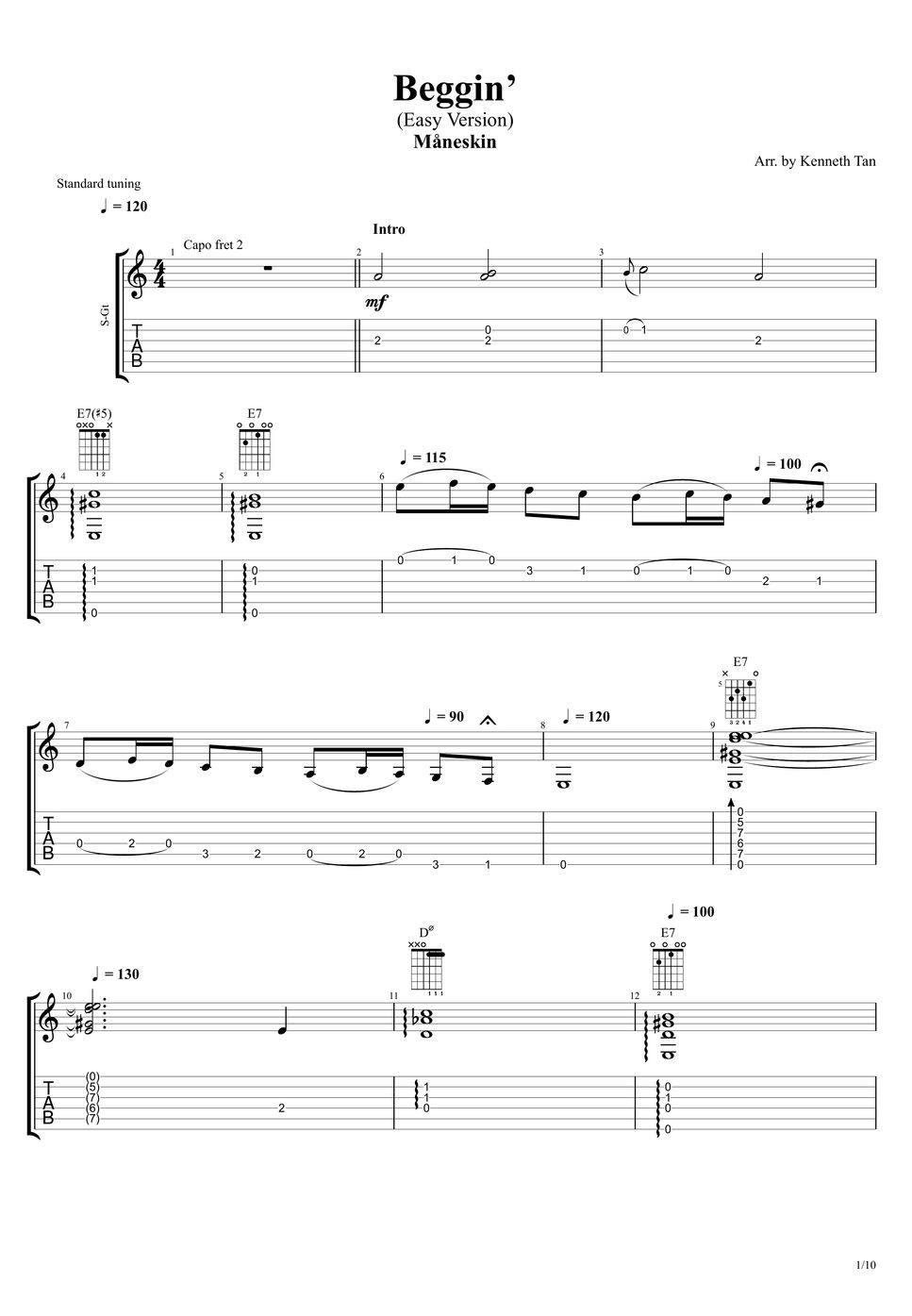 Måneskin | Fingerstyle Guitar - Beggin' (Easy Version) TAB by Kenneth ...