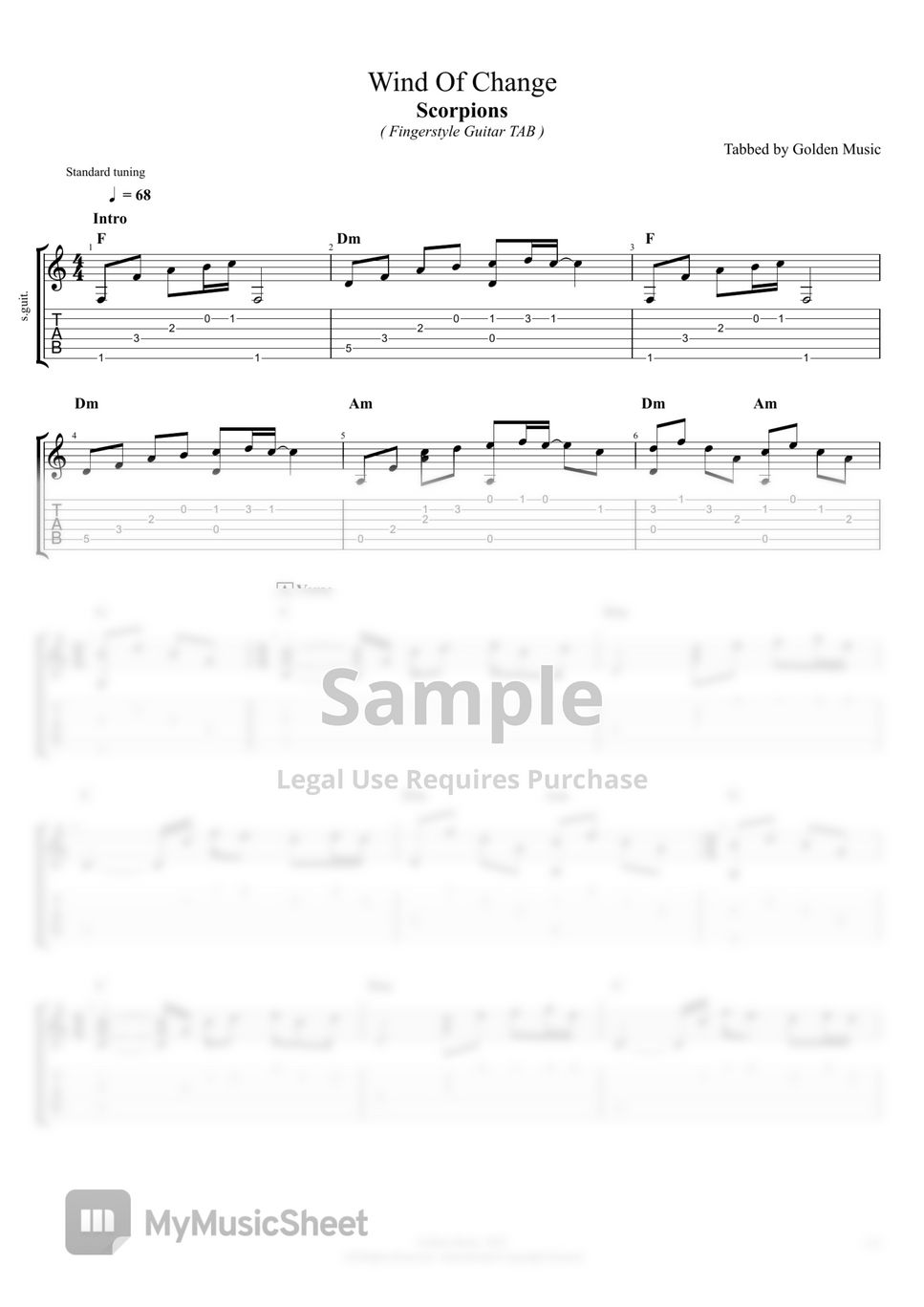 Scorpions - Wind Of Change (Fingerstyle Guitar Cover) 타브 by Golden Music