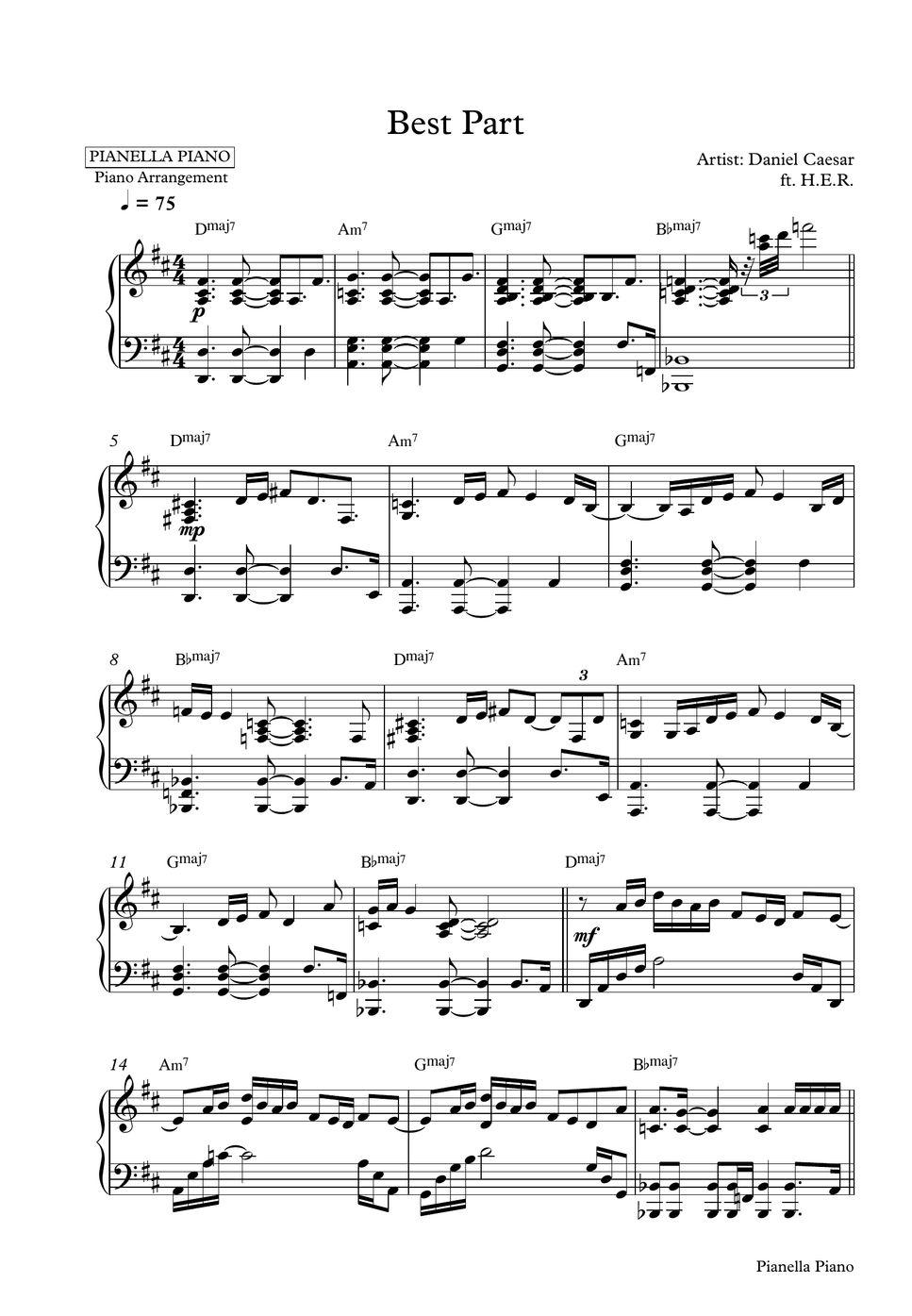 Daniel Caesar ft. H.E.R. - Best Part (Piano Sheet) Sheet by Pianella Piano