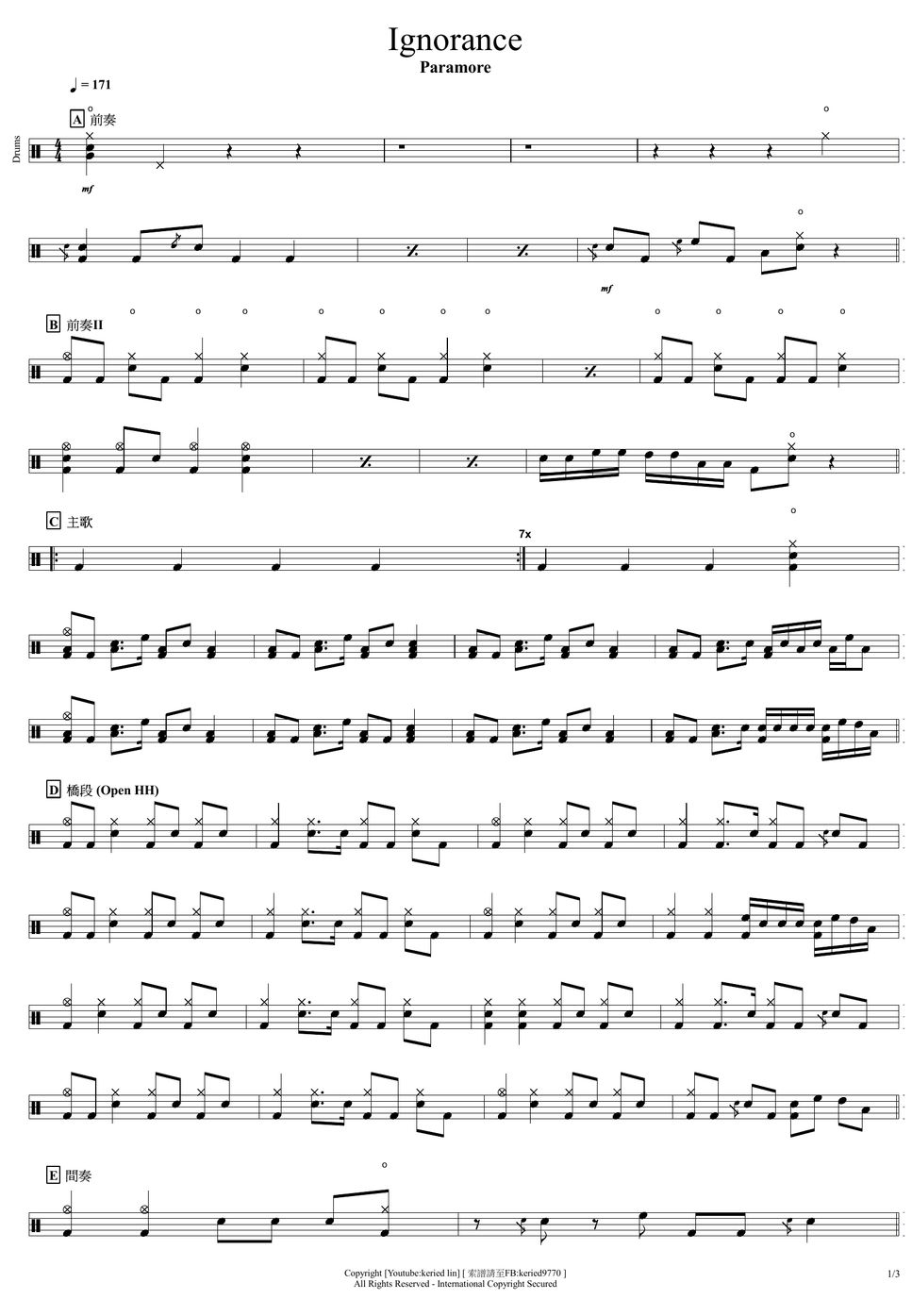 Paramore - Ignorance (鼓譜) แผ่น by keried