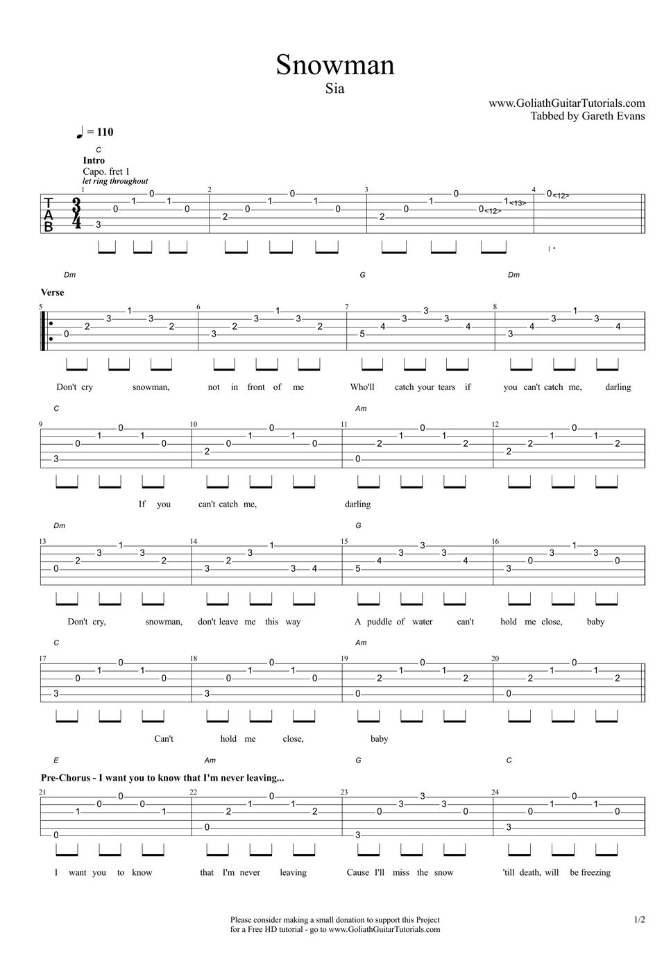 Sia - Snowman TAB by Goliath Guitar Tutorials