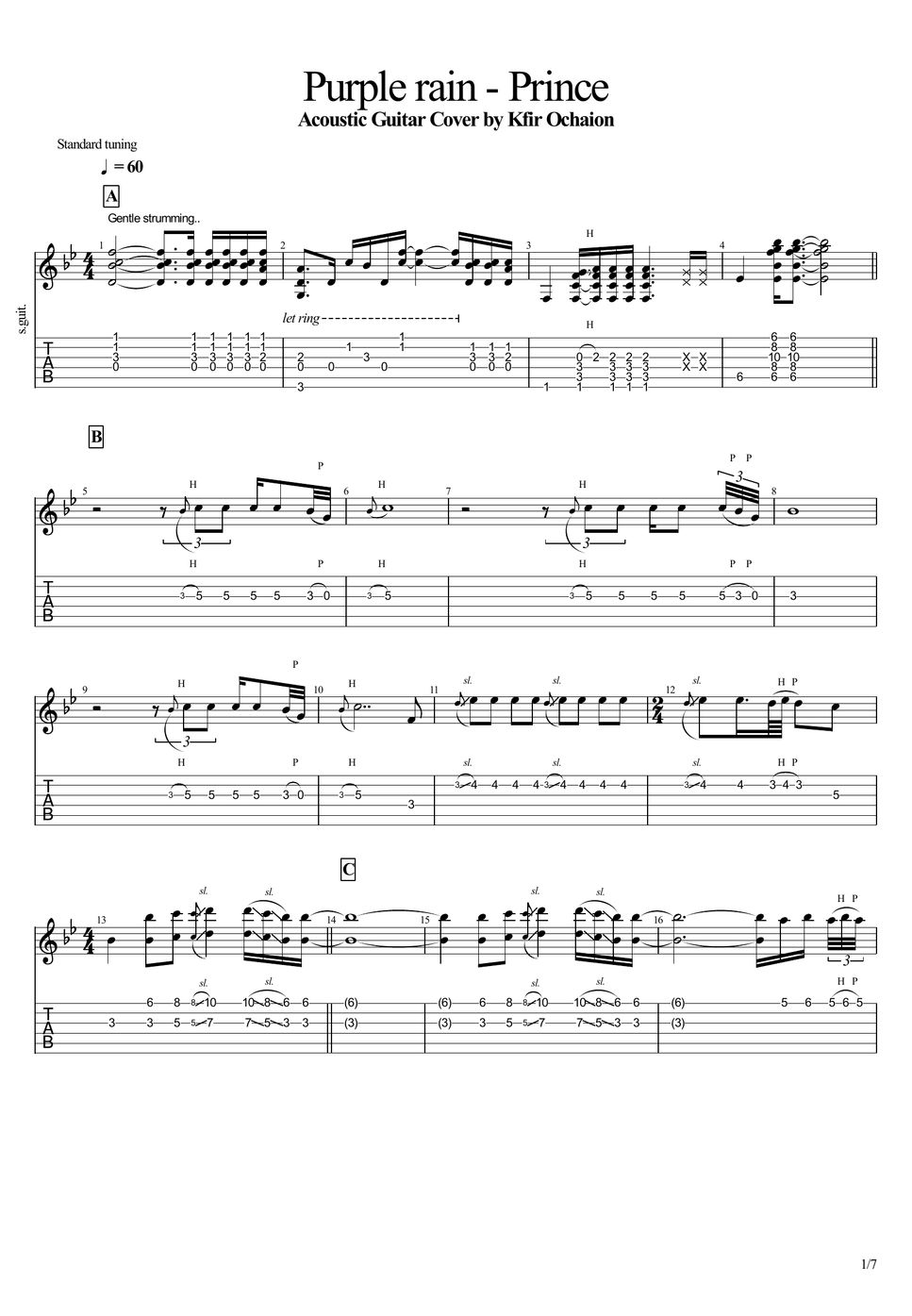Prince - Purple rain - Acoustic TAB by Kfir Ochaion