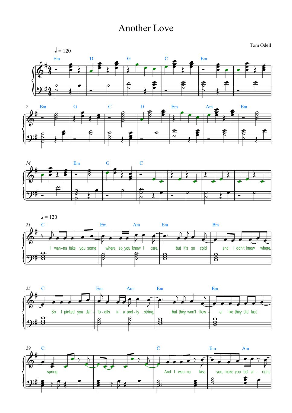 Tom Odell - Another Love (lyrics/chords) Sheet Music by Rita B