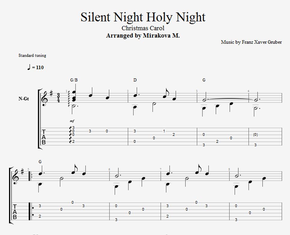 Franz Xaver Gruber - Silent Night Tab + 1staff by Marina Mirakova