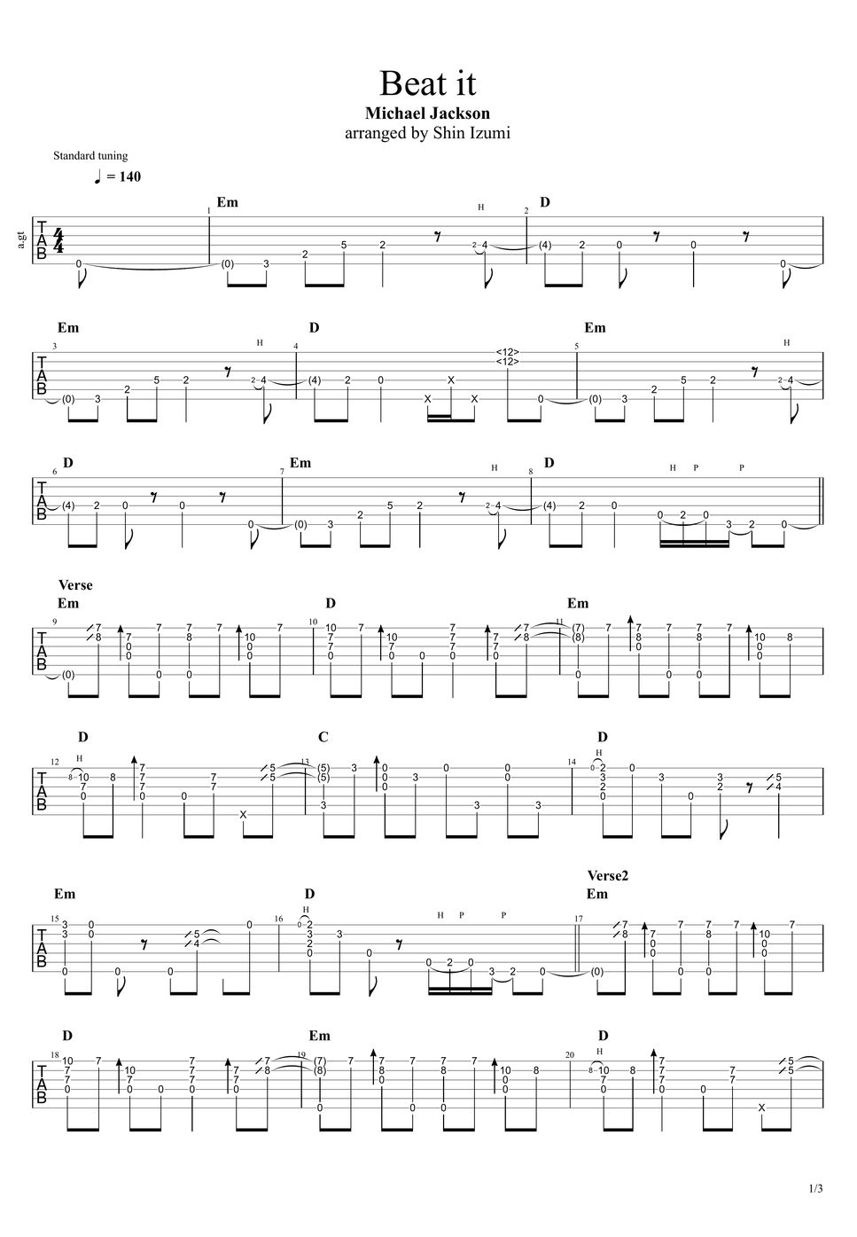 Michael Jackson - Beat it TAB by Shin Izumi