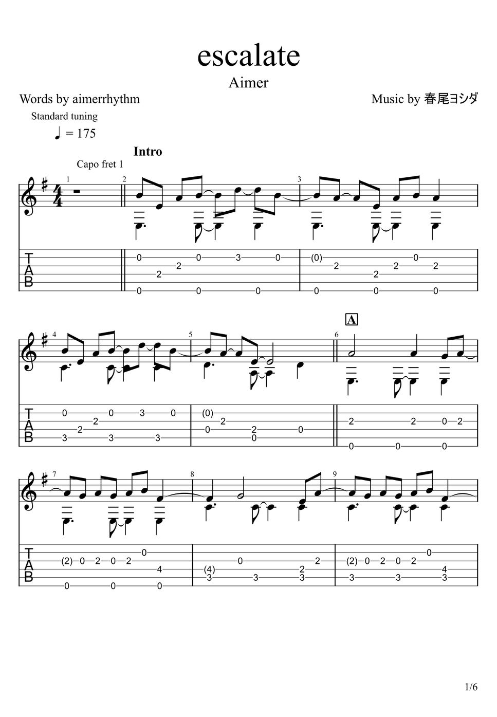 Aimer - escalate (Fingerstyle) 曲谱 by u3danchou