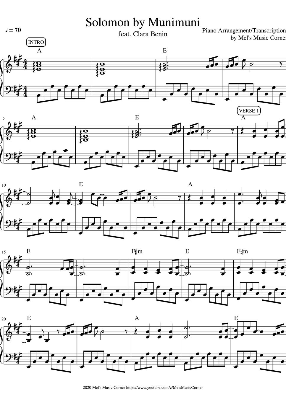 Munimuni - Solomon (piano sheet music) Spartito by Mel's Music Corner